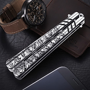 Bundle of 2 Items - 2,95” Serrated Blade Pocket Knife - Black Folding Knife with Glass Breaker and Seatbelt Cutter - Small EDC Knife - Dull Not-Sharp Blade - Skeleton Dull Trick Butterfly Knifes