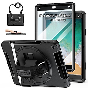 Case for iPad 6th/5th Generation: Protective TPU Cover for iPad 9.7 (2018/2017) & iPad Air 2 9.7" with Screen Protector- Stand- Handle- Shoulder Strap-Pencil Holder- Black