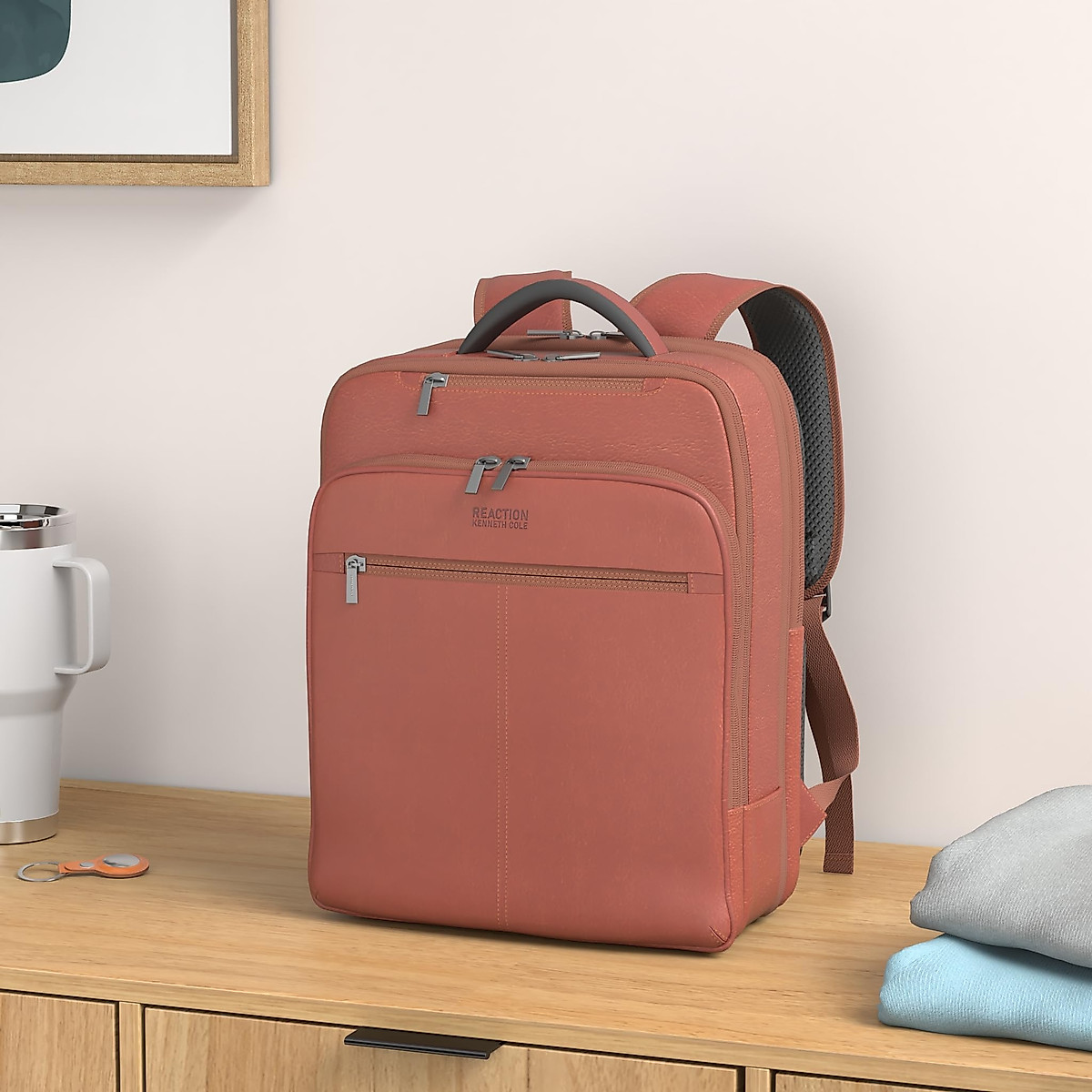 Kenneth Cole REACTION Manhattan Commuter Slim Backpack 16" Laptop Computer & Tablet Travel, Business, Work, School Bookbag, Cognac, Colombian Leather