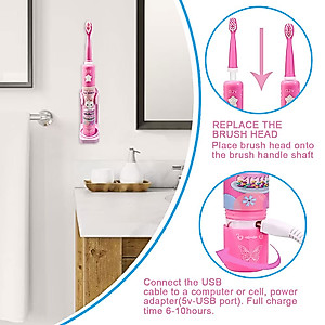 OJV 8620 Musical Electric Toothbrushes for Kids Children, 3 Modes 2 Min Timer, 6 Bristles Rechargeable Power Smart Sonic Music Play Song Toothbrush for Girls Age 3-14 with Wall Mounted Holder (Pink)