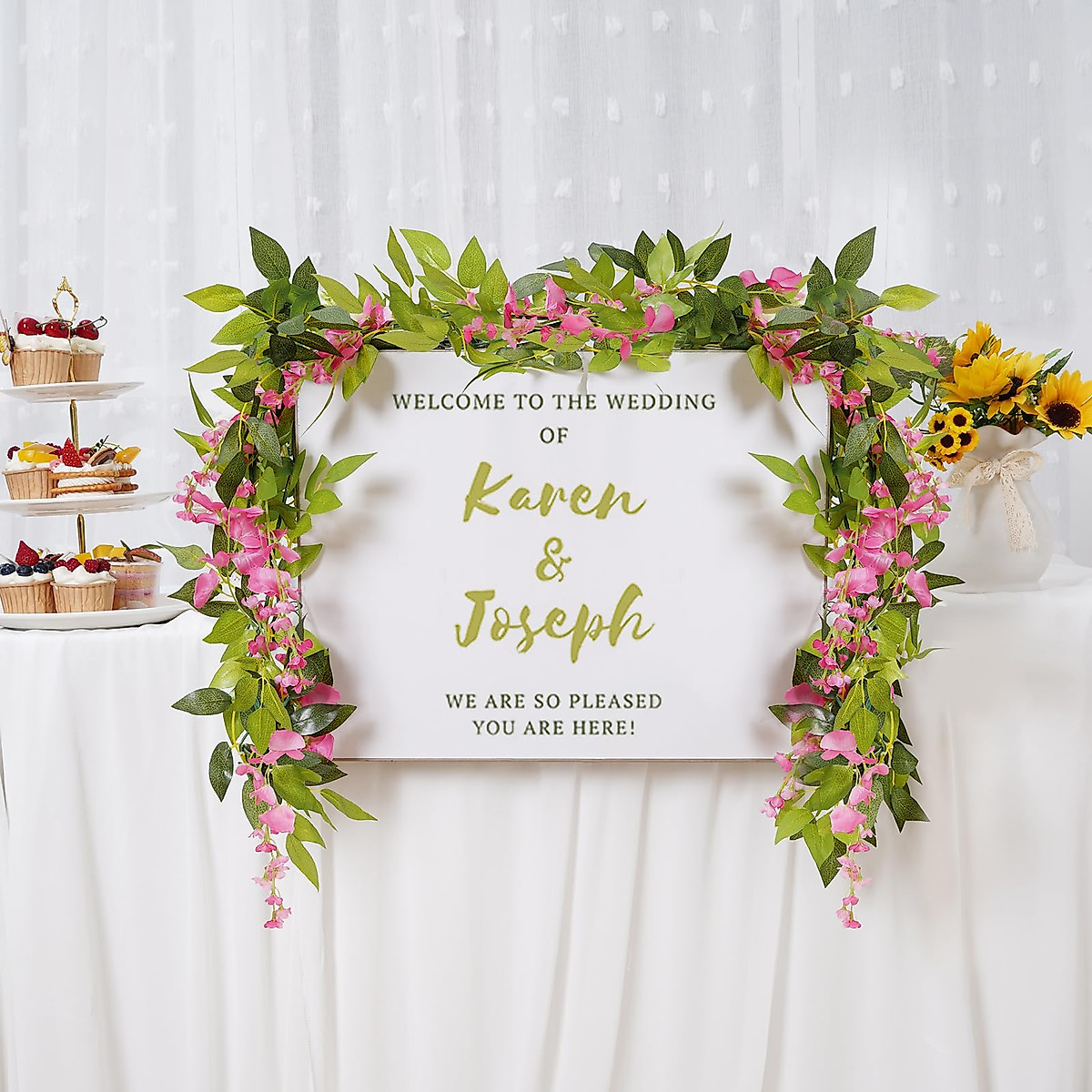 Dolicer 4Pcs 6.6Feet Artificial Flowers Silk Wisteria Garland Artificial Wisteria Vine Rattan Silk Hanging Flower for Home Garden Outdoor Ceremony Wedding Arch Floral Decor, Purplish Red