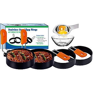 4 Pack Stainless Steel Egg Rings with Egg Separator, Round Professional Pancake Mold, Non Stick Round Mold for Fried Eggs, Omelet Egg Sandwich mold & Shaping Eggs, Household Kitchen Cooking Tool