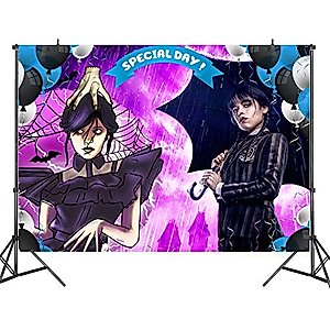 85x60 inches Wednesday Addams Backdrop Birthday Banner Decorations 7x5 ft Family Cartoon Happy Birthday Party Supplies, Special Day Photo Background for Multi Occasions