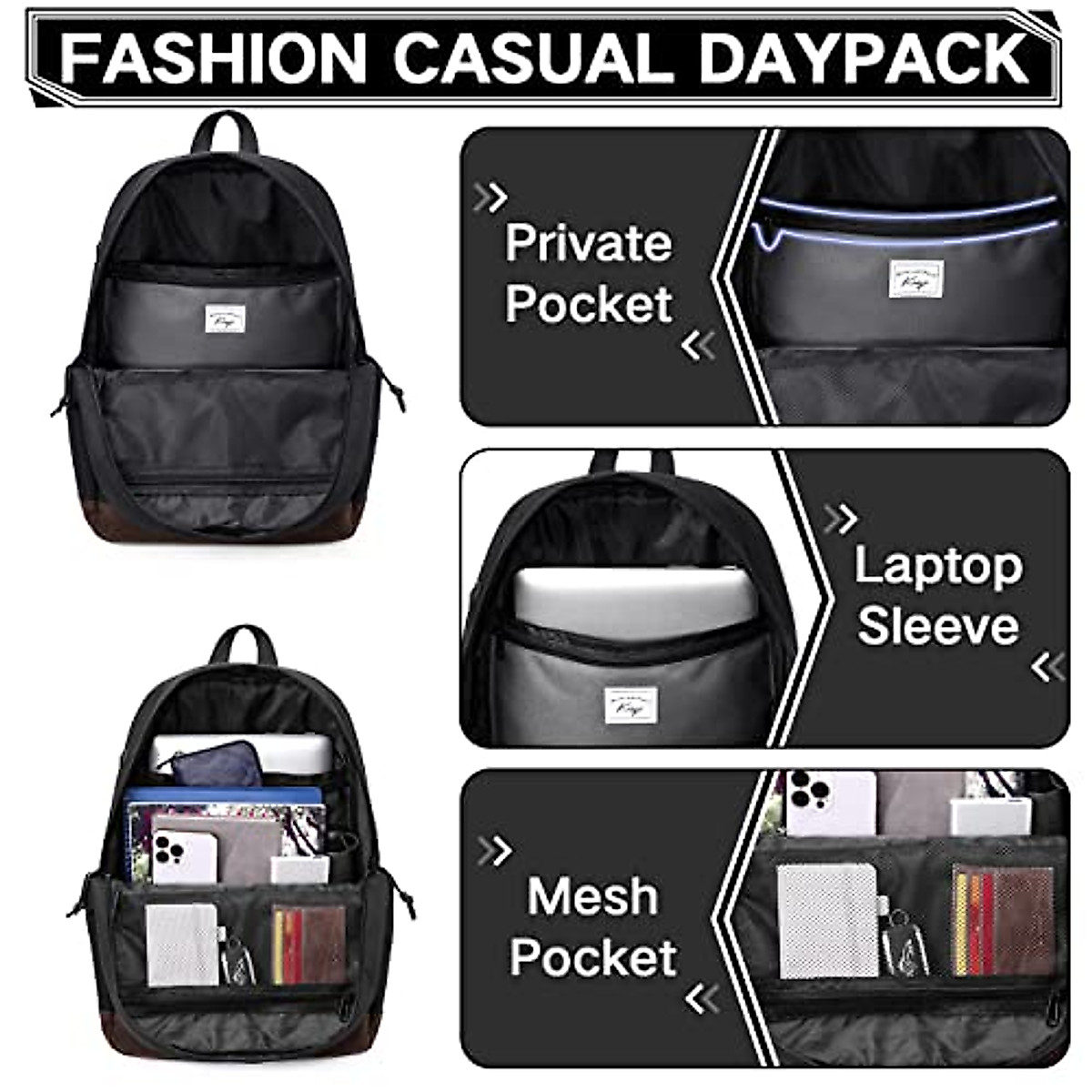 Kasqo Water Resistant Lightweight Backpack for Men Women Casual College Travel Bag for Teen