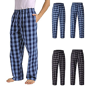 Mens Plaid Flannel Pajama Pants Comfy Sleep Lounge PJ Bottoms with Pockets Cotton Linen Elastic Waistband Wide Leg Long John Blue