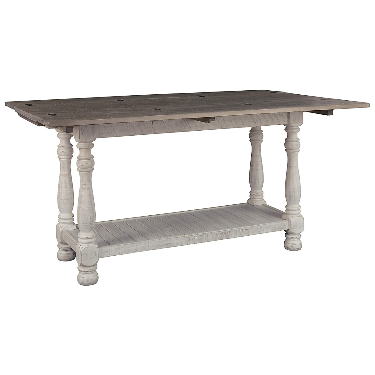 Signature Design by Ashley Havalance Farmhouse Sofa Table, Flip Top Design for Additional Dining Space and Fixed Lower Shelf, Gray & White with Weathered Finish