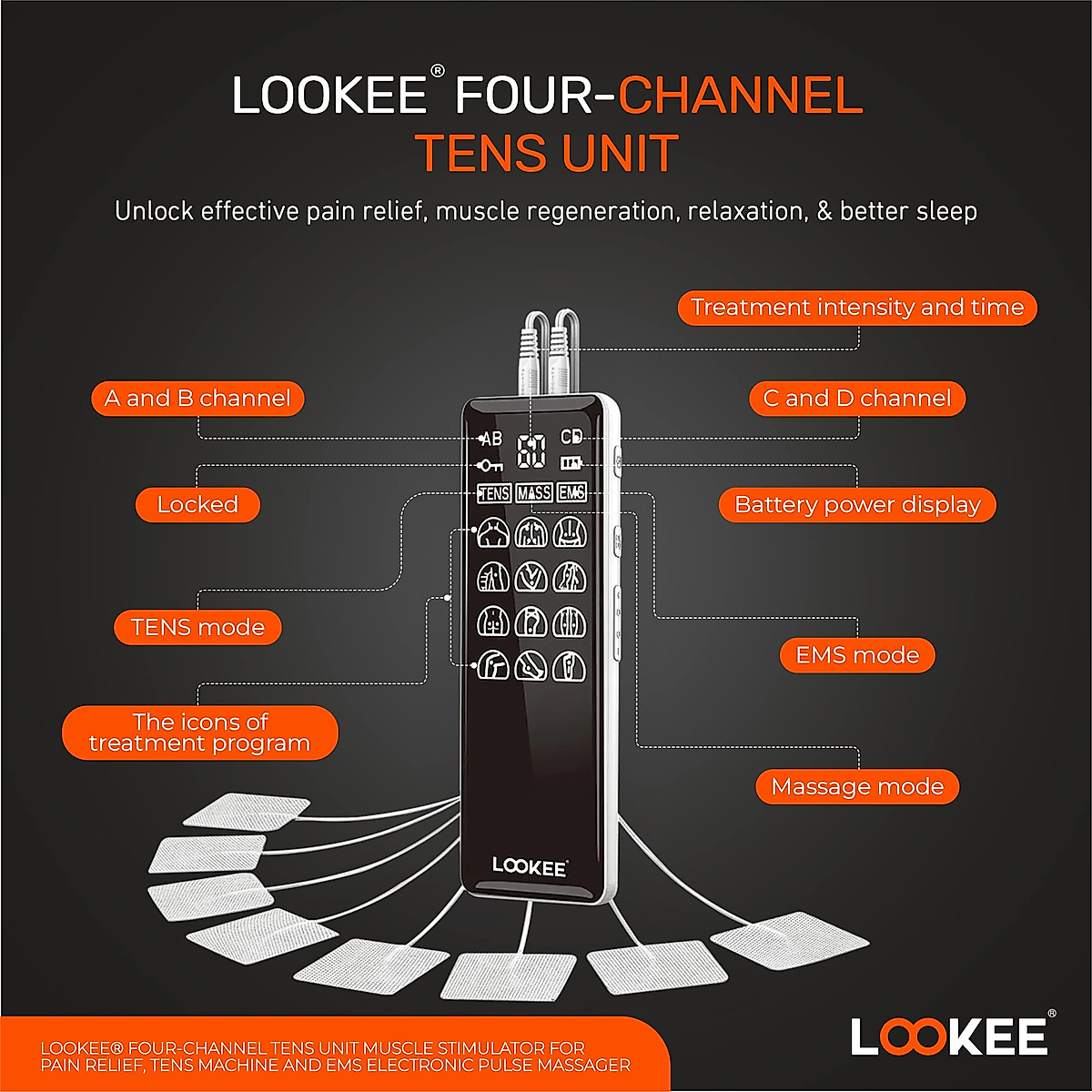 LOOKEE 4-Channel TENS Unit Muscle Stimulator for Pain Relief Therapy - Premium LED EMS Muscle Stimulator with 36 Mode & 40 Intensity Levels - Rechargeable TENS Machine FSA/HSA Eligible