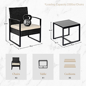 PatLoom 3-Piece Outdoor Patio Set – All-Weather Wicker Rattan Chairs with Cushions & Glass Coffee Table, Perfect for Backyard, Garden, Balcony, or Poolside Lounge Furniture