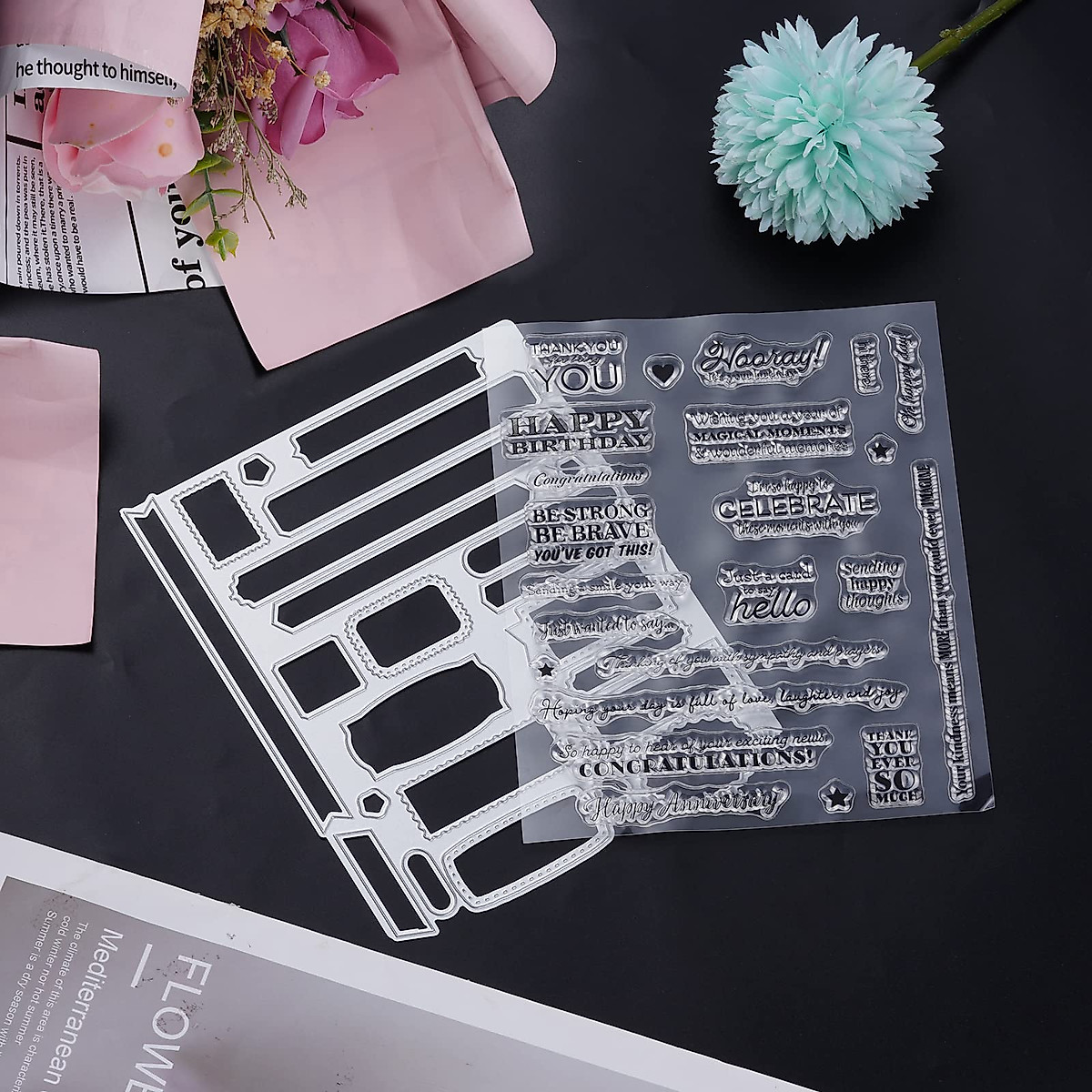 Sucrain 2pcs Metal Dies Cut and Clear Silicone Stamp, for Card Making Paper Craft Scrapbooking Album DIY, Sentiment Words Stencils Carbon Steel Embossing Template