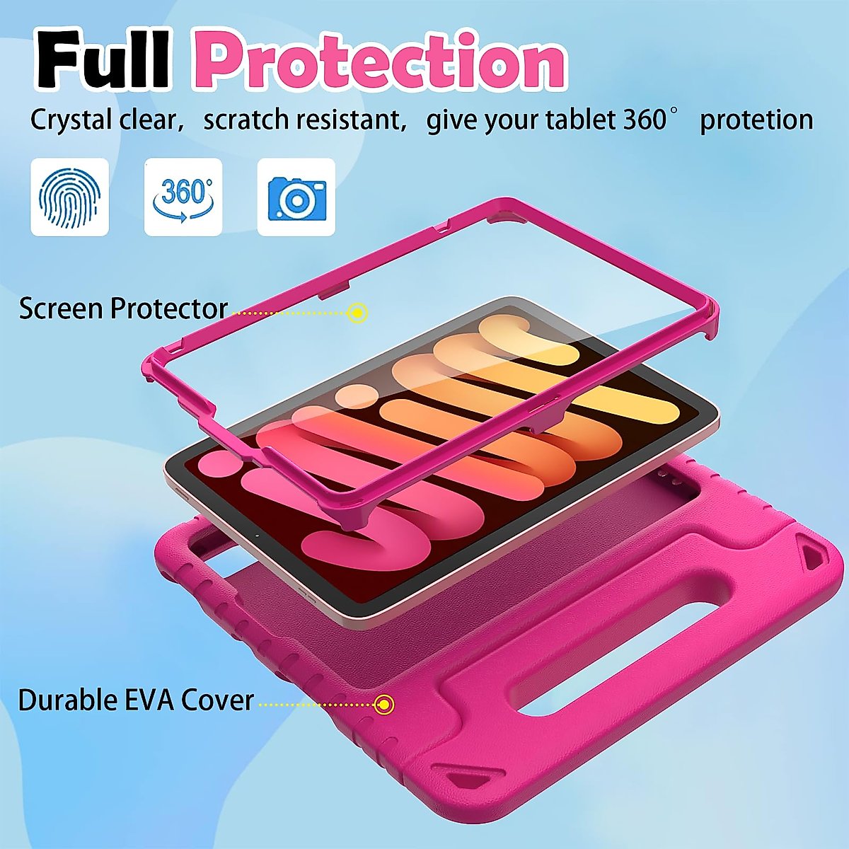 AVAWO Kids Case for iPad Mini 7 (A17 Pro) 2024 8.3 inch, Mini 6 2021 with Built-in Screen Protector, Shockproof Lightweight Handle Stand Cover for Model (A2995/A2996, A2567/A2568/A2569), Rose