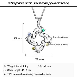 Ashleymade Customized Name Necklace with Baby Feet Pendant Mom necklace with kids names with Simulated Birthstones Necklace for Women (4 names)