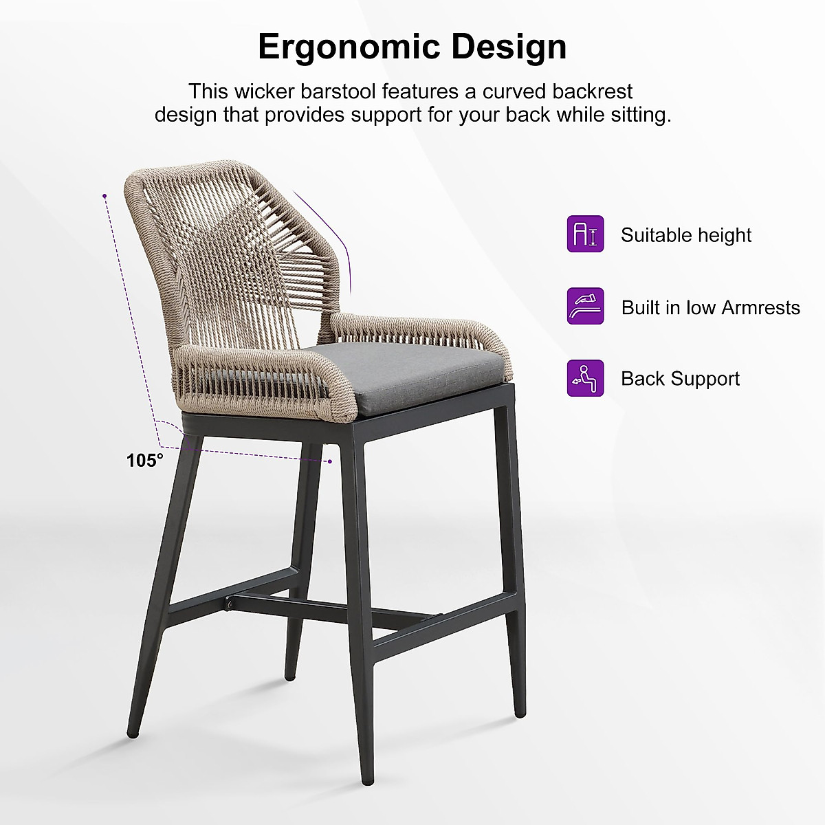 PURPLE LEAF Patio Sunbrella Counter Height Bar Stools 24" H Set of 2 Modern Rattan Bar Chairs Aluminum Stool Outdoor Wicker Barstools with Back and Cushion for Garden Kitchen Island