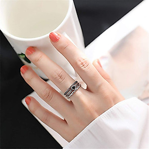 Black CZ Heart Ring for Mom Women Sterling Silver Statement Expandable Open Bands Infinity Love Rings Vintage Jewelry Dainty Anniversary Christmas Valentines Gift