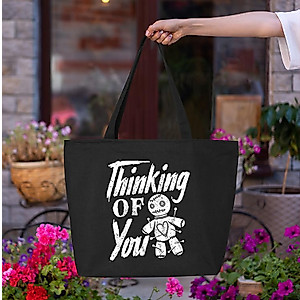 shop4ever Thinking of You Voodoo Doll Halloween Trick or Treat Heavy Canvas Tote with Zipper Reusable Shopping Bag Black ZIP 1