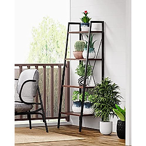 FURNINXS Ladder Shelf Bookcase, Bookshelf 4 Tier, Industrial Standing Shelf Storage Rack Storage Organizer Plant Stand, Steel Frame Book Shelf for Living Room/Bedroom/Kitchen/Bathroom - Red Brown