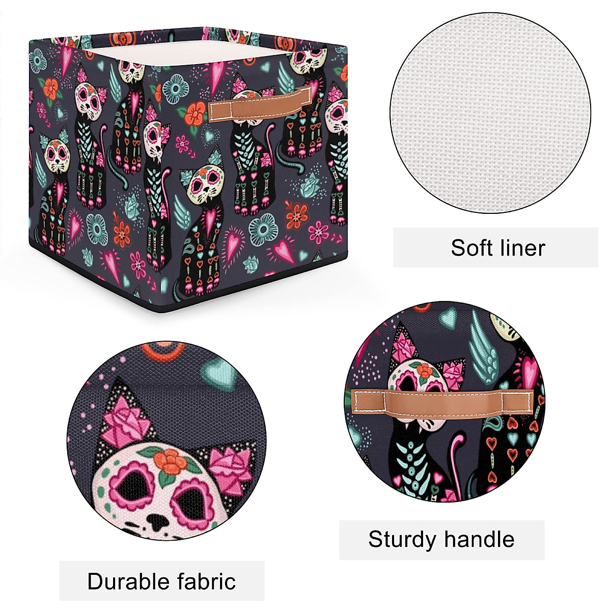 Storage Cube Bin Day Of The Dead Cats Halloween Flowers Large Storage Cube Basket 13×13In, Collapsible Storage Bin with Handles, Fabric Storage Box for Closet Shelves Nursery Toys Home Organization