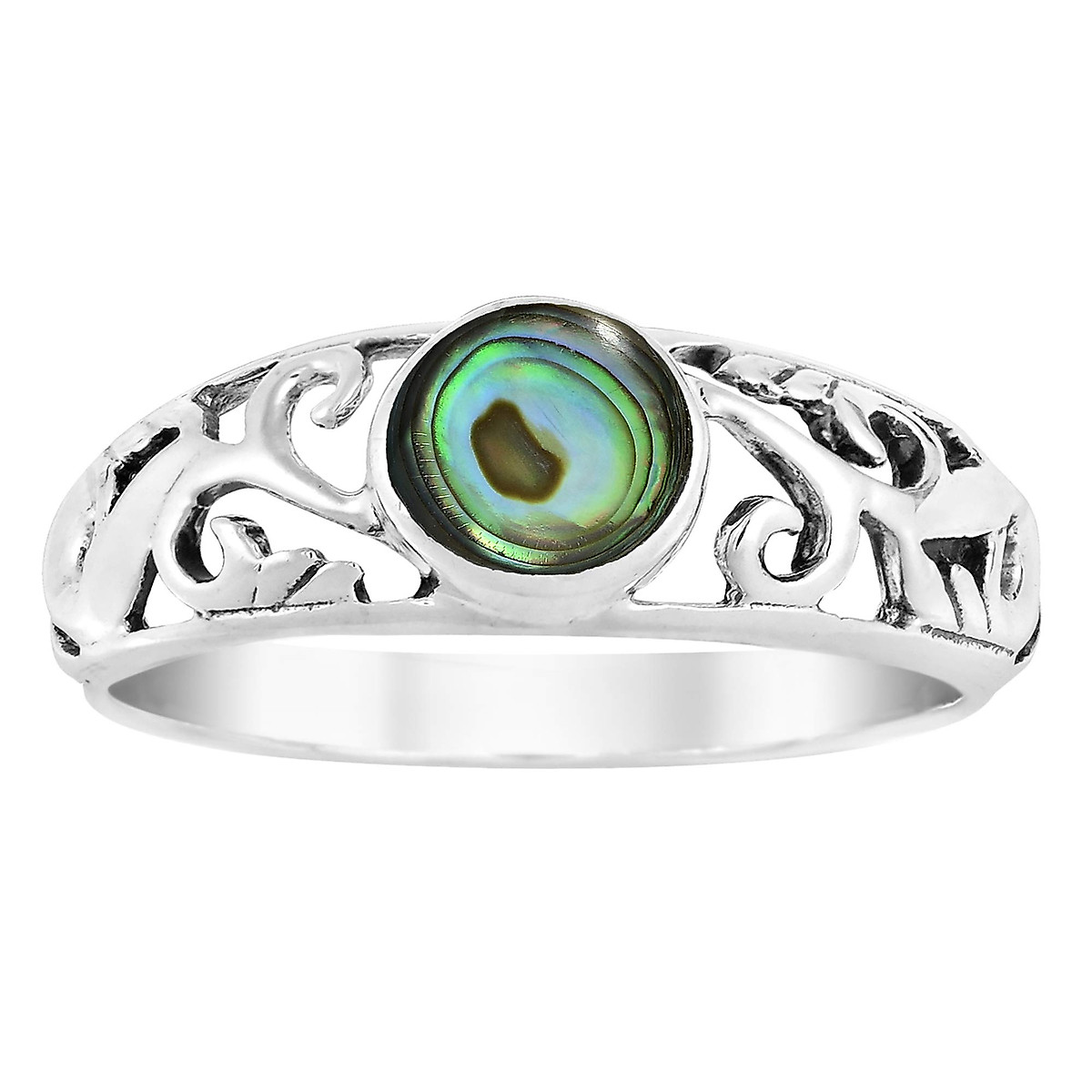 AeraVida Intricate Lace Swirl Vines Round Abalone Shell .925 Sterling Silver Ring | Elegant Wedding Rings | Casual Comfort Fit Silver Rings for Women | for Daughter | Sterling Silver Rings Sizes (7)