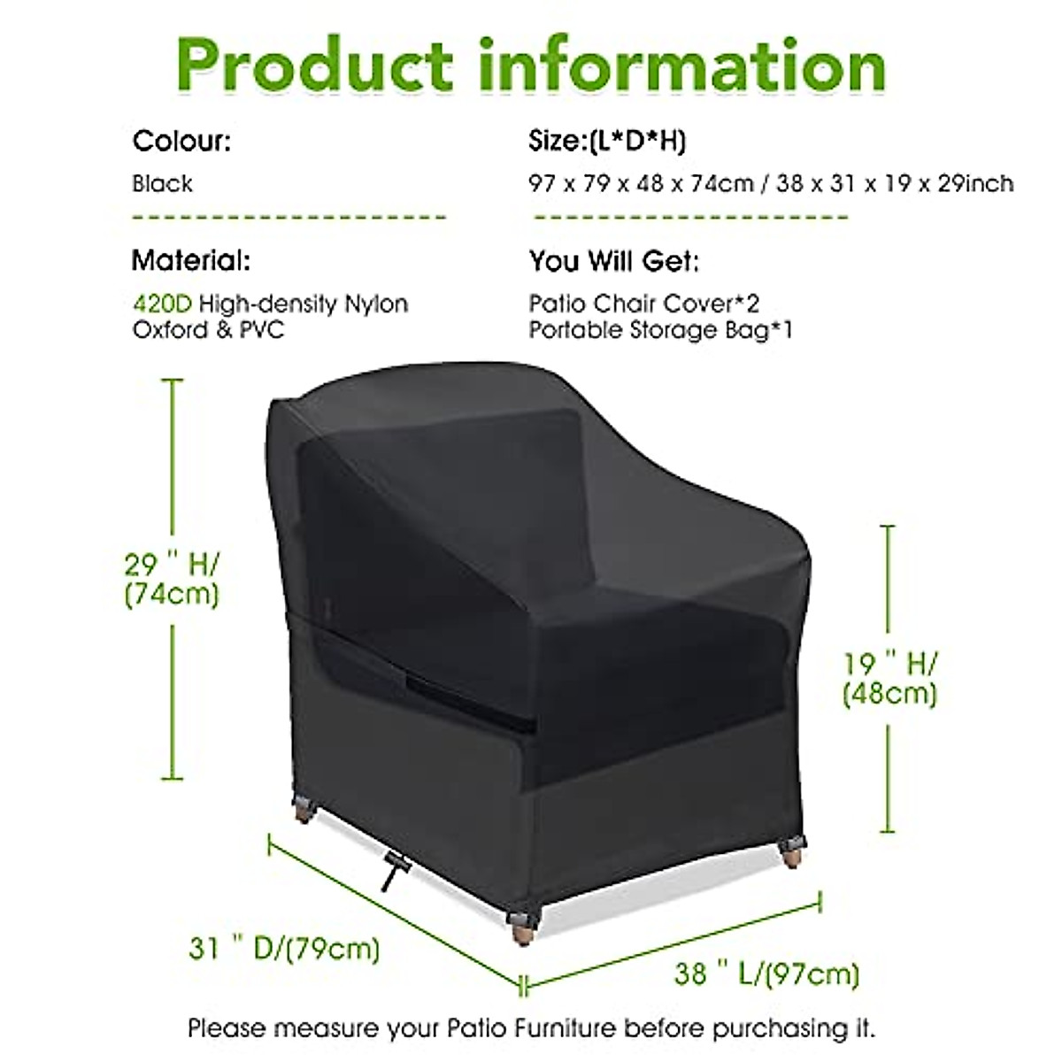 Patio Chair Covers,2 Pack Patio Seat Covers,420D Waterproof and Heavy Duty Lounge Deep Outdoor Seat Covers, Outdoor Lawn Patio Furniture Covers,38inLx31inDx29inH, Black