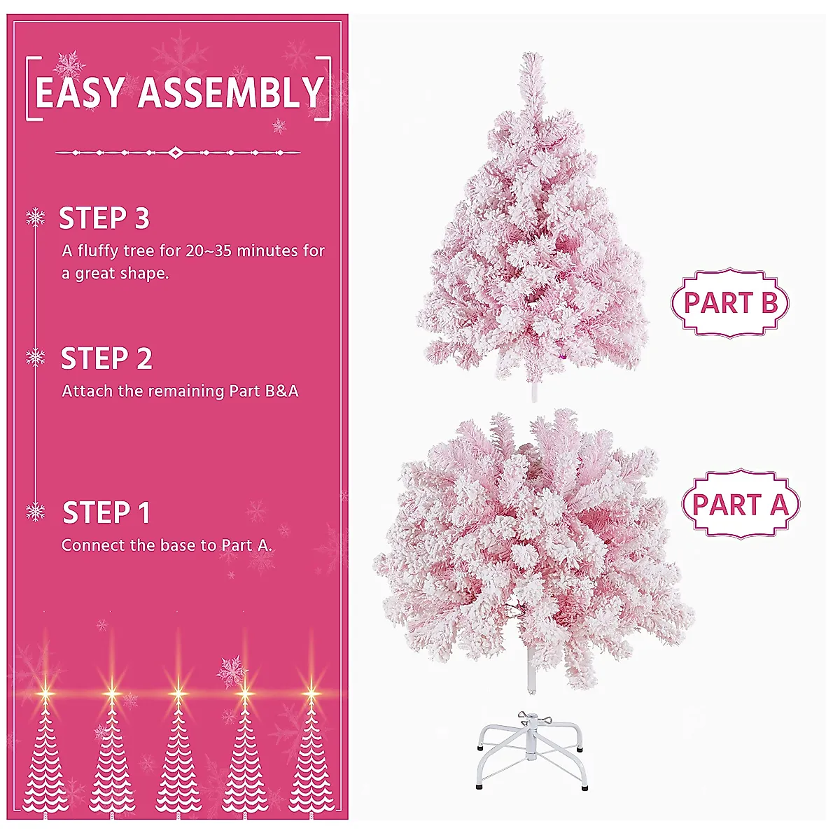 Yaheetech 4.5ft Pre-lit Artificial Christmas Tree with Incandescent Warm White Lights, Snow Flocked Full Prelighted Xmas Tree with 340 Branch Tips, 150 Incandescent Lights & Foldable Stand, Pink