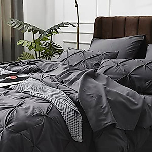 Bedsure King Size Comforter Set - Bedding Set King 7 Pieces, Pintuck Bed in a Bag Dark Grey Bed Set with Comforter, Sheets, Pillowcases & Shams