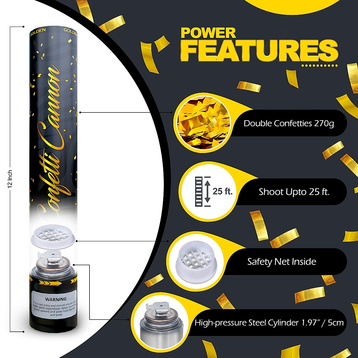 [6 Pack] 12" Biodegradable Gold Confetti Poppers | Confetti Cannon for Birthdays, Graduation, Weddings, Pranks, New Years Celebration | Trendy Buy Party Poppers Confetti Shooters | Shoots 25ft