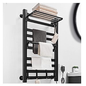 KUYT Bathroom Electric Heated Towel Rack with Timer Towel Warmer, Heating Panel Fast Warming up Heated Towel Rail Polished Bathroom Pools Kitchen Gyms/Black