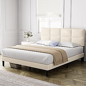 Molblly Queen Size Bed Frame with Upholstered Headboard, Strong Frame, and Wooden Slats Support, Non-Slip and Noise-Free, No Box Spring Needed, Easy Assembly, Beige