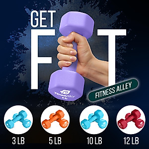 Fitness Alley Neoprene Dumbbell 5 Pairs 3LB, 5 LB, 8LB, 10LB, 12LB Dumbbells Coated for Non Slip Grip - Hex Dumbbells Weight Set - Neoprene Hand Weight Pairs - Hex Hand Weights Neoprene Dumbbells