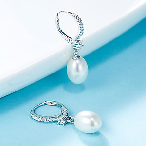 EVER FAITH S925 Simulated Pearl Earrings, White CZ Oval Cream Pearl Wedding Bride Leverback Dangle Earrings Jewelry for Women
