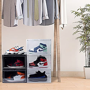 YOLOPARK Shoe boxes X-Large Clear Plastic Stackable Side Door Sneaker Display Case Pack of 4, Shoe Containers for Closet with Lids Shoe Storage Boxes Fit Size Up to US Men's 14 (4 Pack Clear)