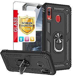 TJS Compatible with Samsung Galaxy A20 Case, Galaxy A30 Case, with Tempered Glass Screen Protector Metal Ring Magnetic Support Kickstand Heavy Duty Drop Protector Phone Case (Black)