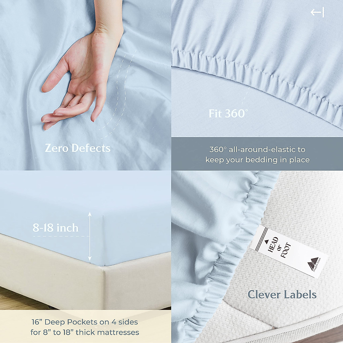 Mayfair Linen 100% Cotton Sheets for Queen Size Bed - Luxury 500 Thread Count Queen Sheet Set, 4 PC Sateen Weave Queen Light Blue Cotton Sheets, Ultra Soft, Deep Pocket Cooling Sheets Queen Size