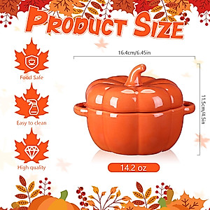 Hushee 2 Pcs Pumpkin Ceramic Soup Bowls Thanksgiving Dutch Oven Pot with Lid 14.2 oz Double Ear Casserole Cookware Dish Pot for Thanksgiving Autumn Fall Harvest Party Baking Cooking Supplies