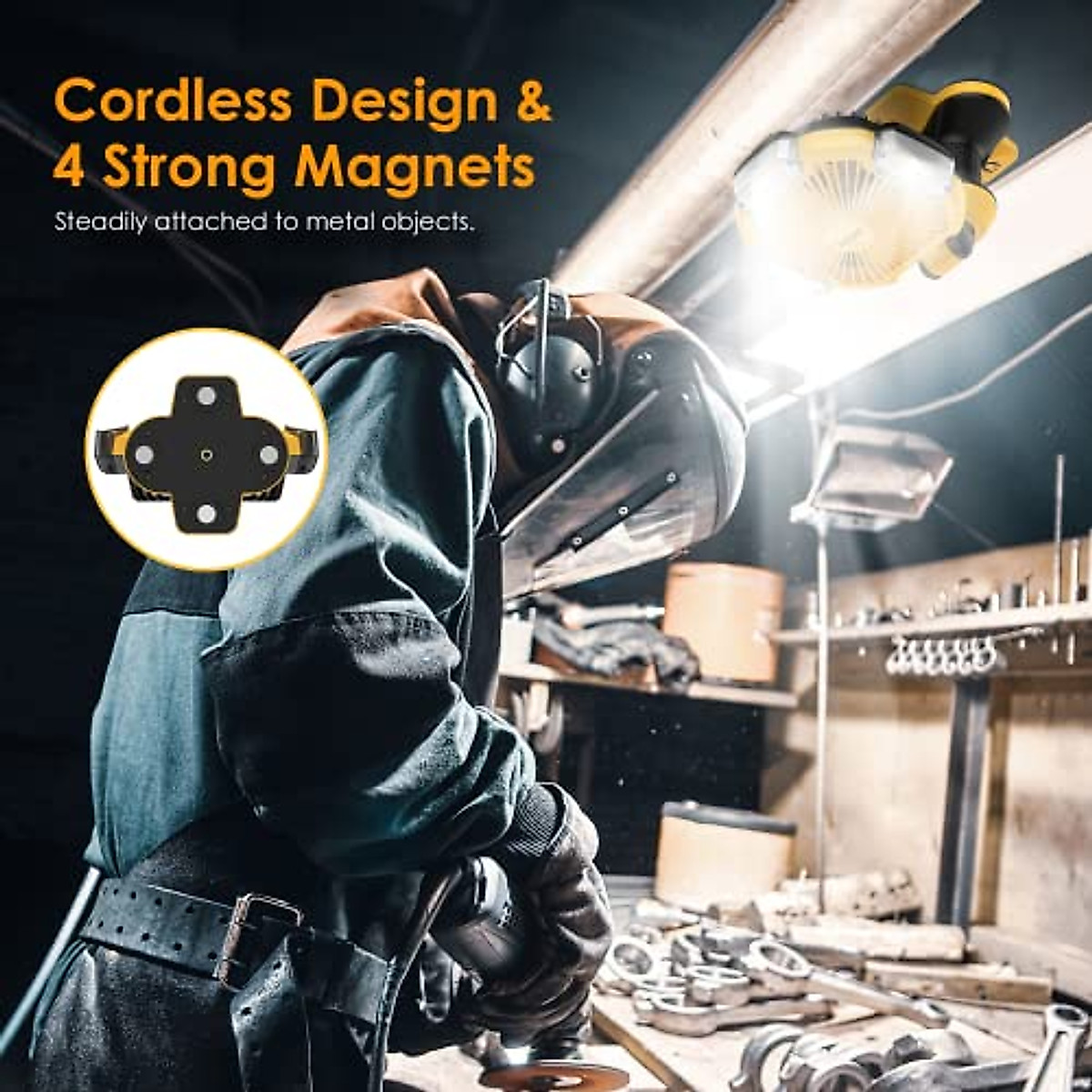 AKSOUL Cordless Fan Led Work Light: Rechargeable 14400mAh Battery Floor Fan Strong Airflow USB Magnetic Portable Camping Fan with Power Bank & Light 1000CFM for Jobsite Tent Travel Office outdoor