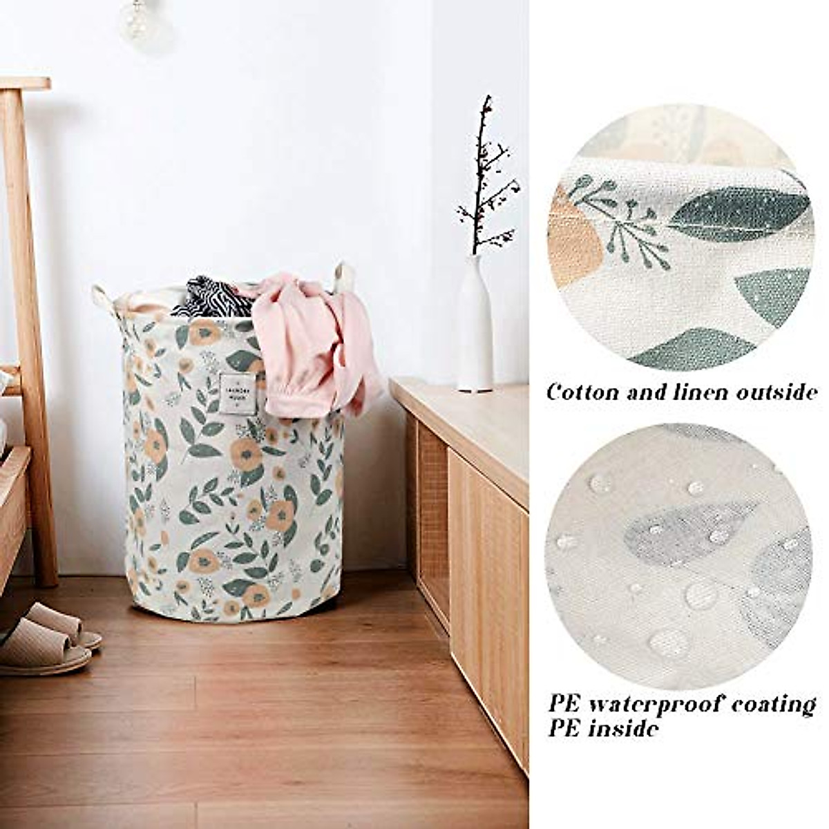UUJOLY Collapsible Laundry Basket, Laundry Hamper with Handles Waterproof Round Cotton Linen Laundry Hamper Printing Household Organizer Basket, 19.7x15.7 inches, Green