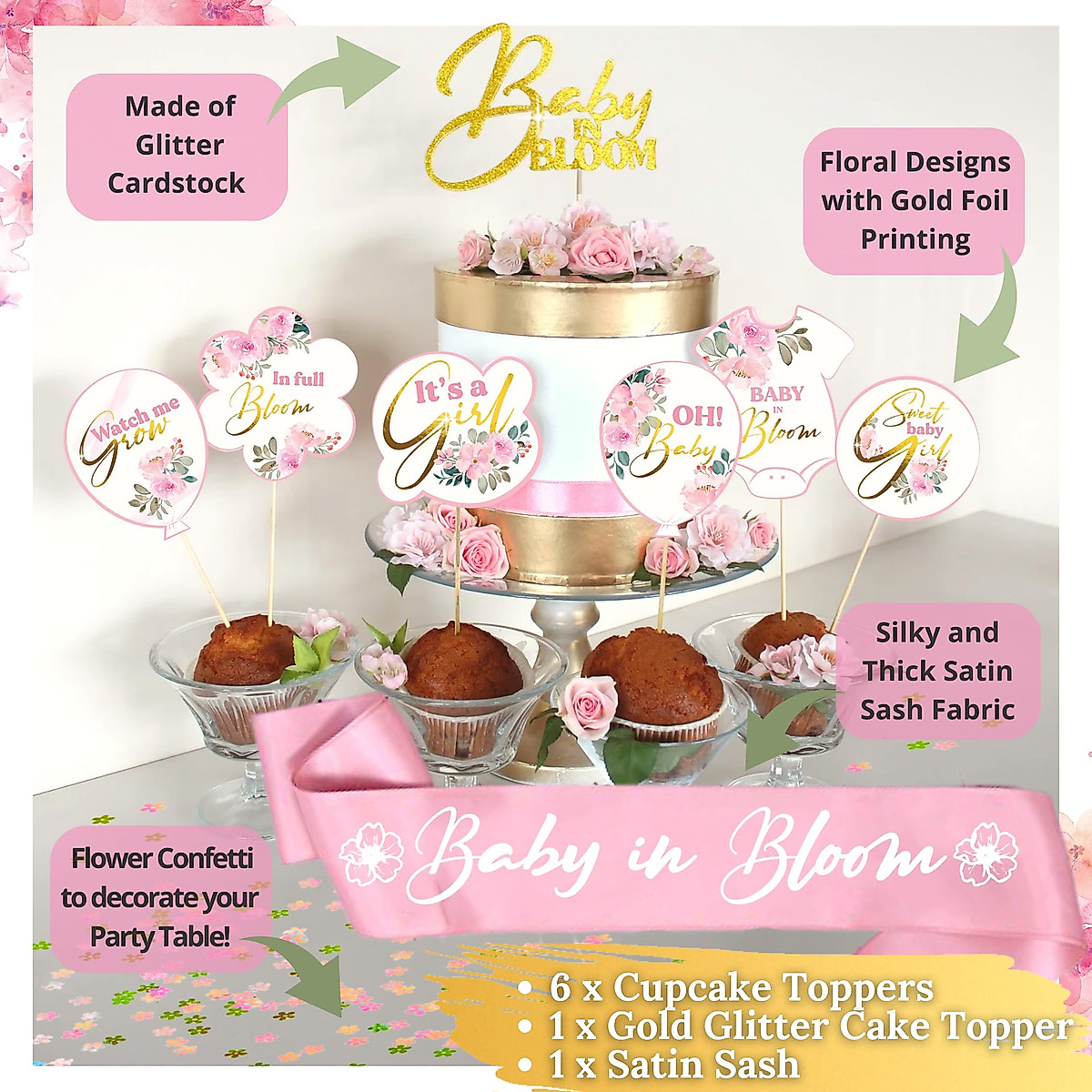 338 PC Baby in Bloom Baby Shower Decorations for Girl - Balloon Arch Garland & Baby Boxes with Letters, Backdrop, Cake topers, Sash and More - Floral Baby Shower Decorations Pink and Sage Green