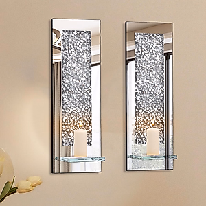 Pibeyer Crystal Crush Diamond Wall Candle Holder Set of 2, Rectangle Silver Mirrored Candle Sconces, Home Wall Decoration for Living Room,Dining Room & Bedroom