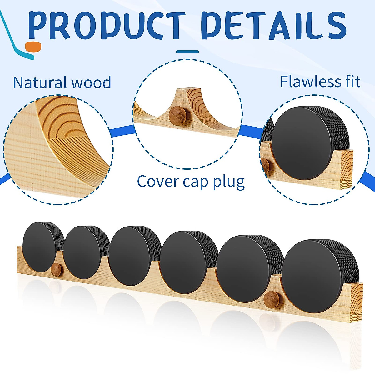 Taiyin 4 Pcs Hockey Puck Display Case Holder Wall Rack Holder Wall Mount Wood Hockey Puck Holder with Smooth Grooves for Room Living Room Decoration, 21.75 x 1.5 x 1 Inches