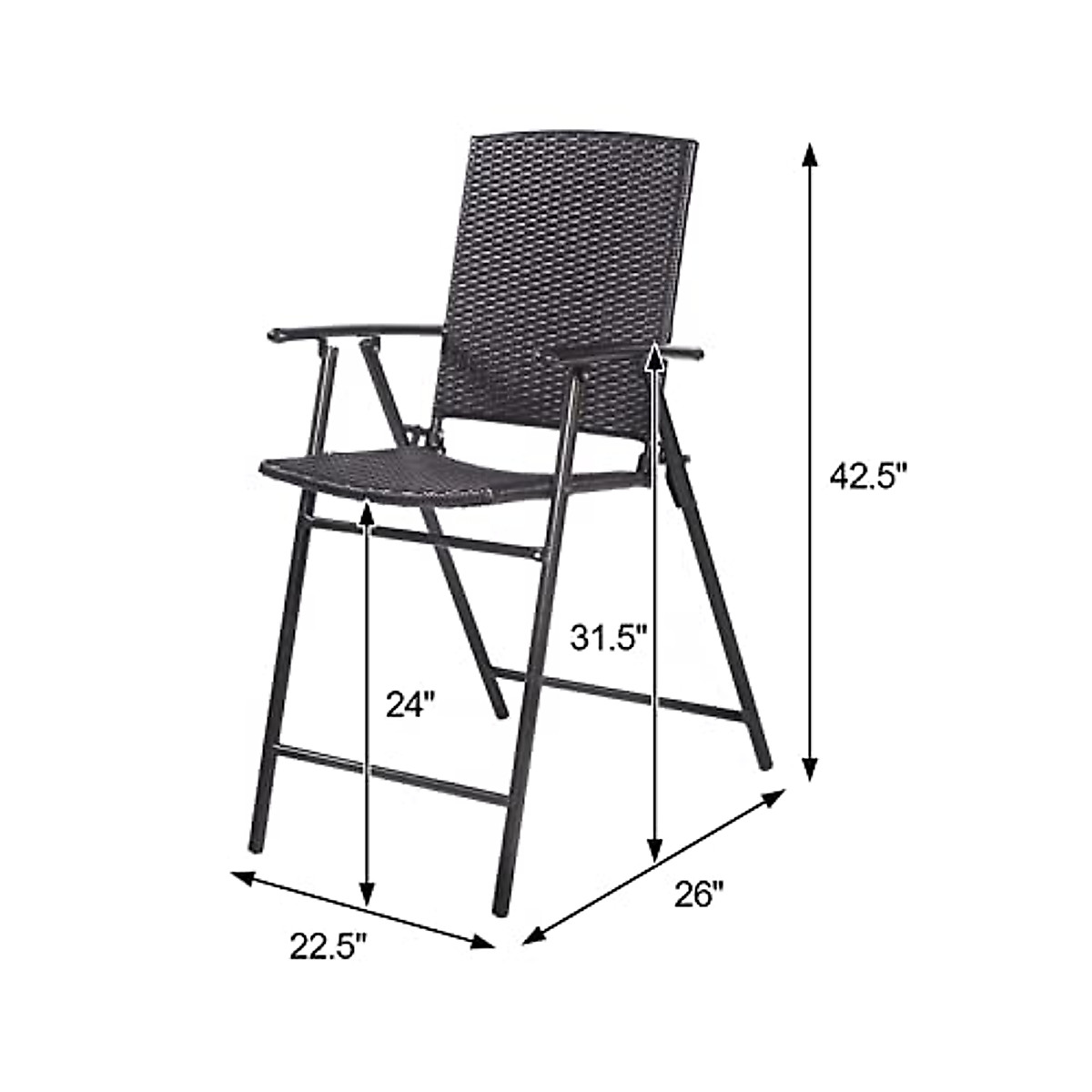 Giantex Set of 4 Folding Wicker Rattan Bar Chairs High Stool with Back Steel Frame Portable Outdoor Indoor UV Resistant Barstools Garden Patio Furniture Set w/Armrests Footrest