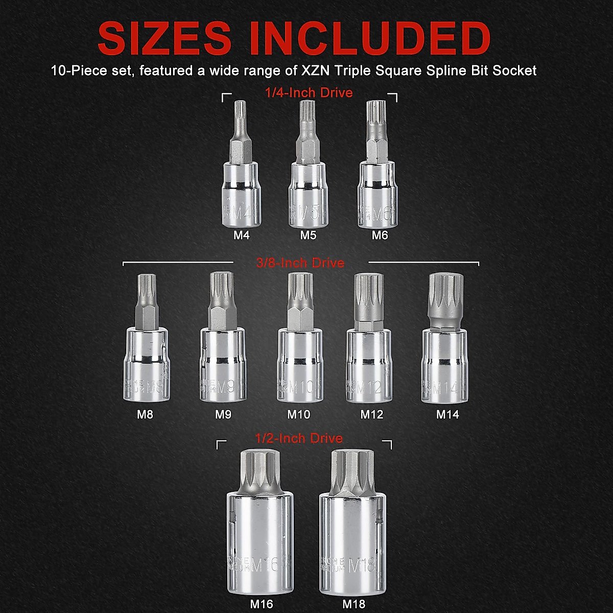 AOBEN 15 PCS XZN Triple Square Spline Bit Socket Set, S2 Alloy Steel Bits with Cr-V Steel Socket, M4-M18, Includes Socket Adapters