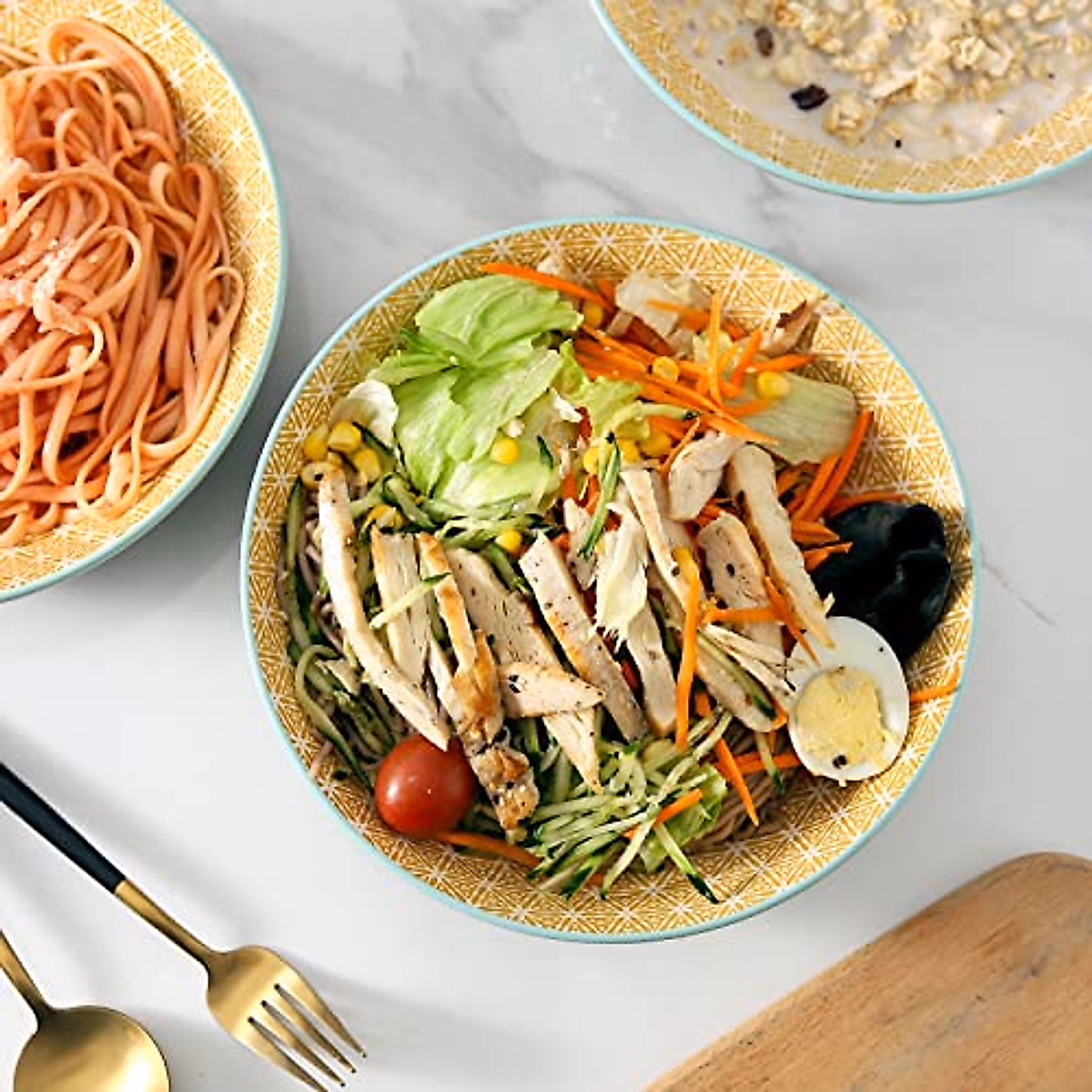 Chubacoo Pasta Bowls Set of 4: Large Salad Serving Bowls - Wide & Shallow Dinner Bowls - Embossed Deep Plates for Entree, Soup - Big Ceramic Bowl for Kitchen Microwave Safe - 8.5 Inch, 36 oz (Yellow)