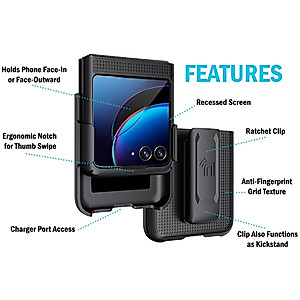 Case with Clip for Motorola RAZR+ 2023, Nakedcellphone [Grid Texture] Slim Hard Shell Cover and [Rotating/Ratchet] Belt Hip Holster Holder Combo for Moto RAZR Plus '23 (RAZR 40 Ultra) - Black