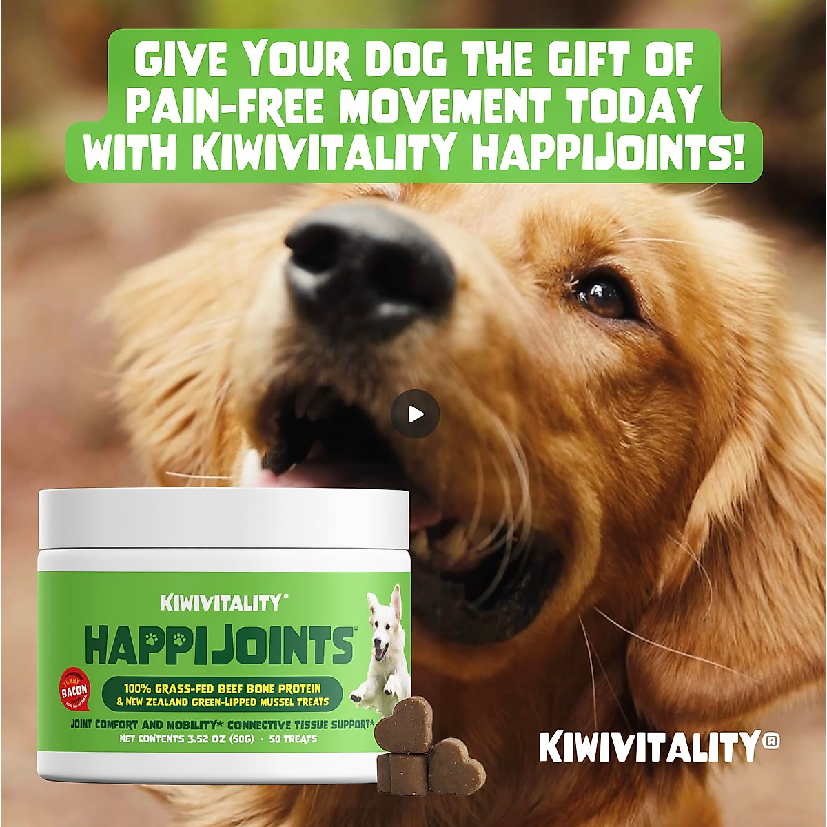 HappiJoints Hip and Joint Supplement Treats for Dogs, Cats • 100% Grass-Fed Beef Bone Collagen New Zealand Green-Lipped Mussels • 50 Treats