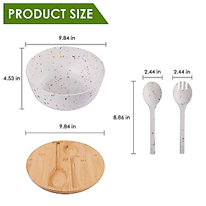 ECOWAY Salad Serving Bowl Set with Natural Bamboo Lid & Utensils, Bamboo Fiber Mixed with Melamine Salad Bowl Large, with Spoon&Tongs for Mixing Salads, Soup, Vegetables, Pasta and Fruit, 9.84 Inches