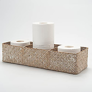 Seagrass Tank Basket for Toilet Paper 3 Sections Woven Storage Basket with Large Compartment Whitewash (16.5inch x 5.5inch x 3.5inch)
