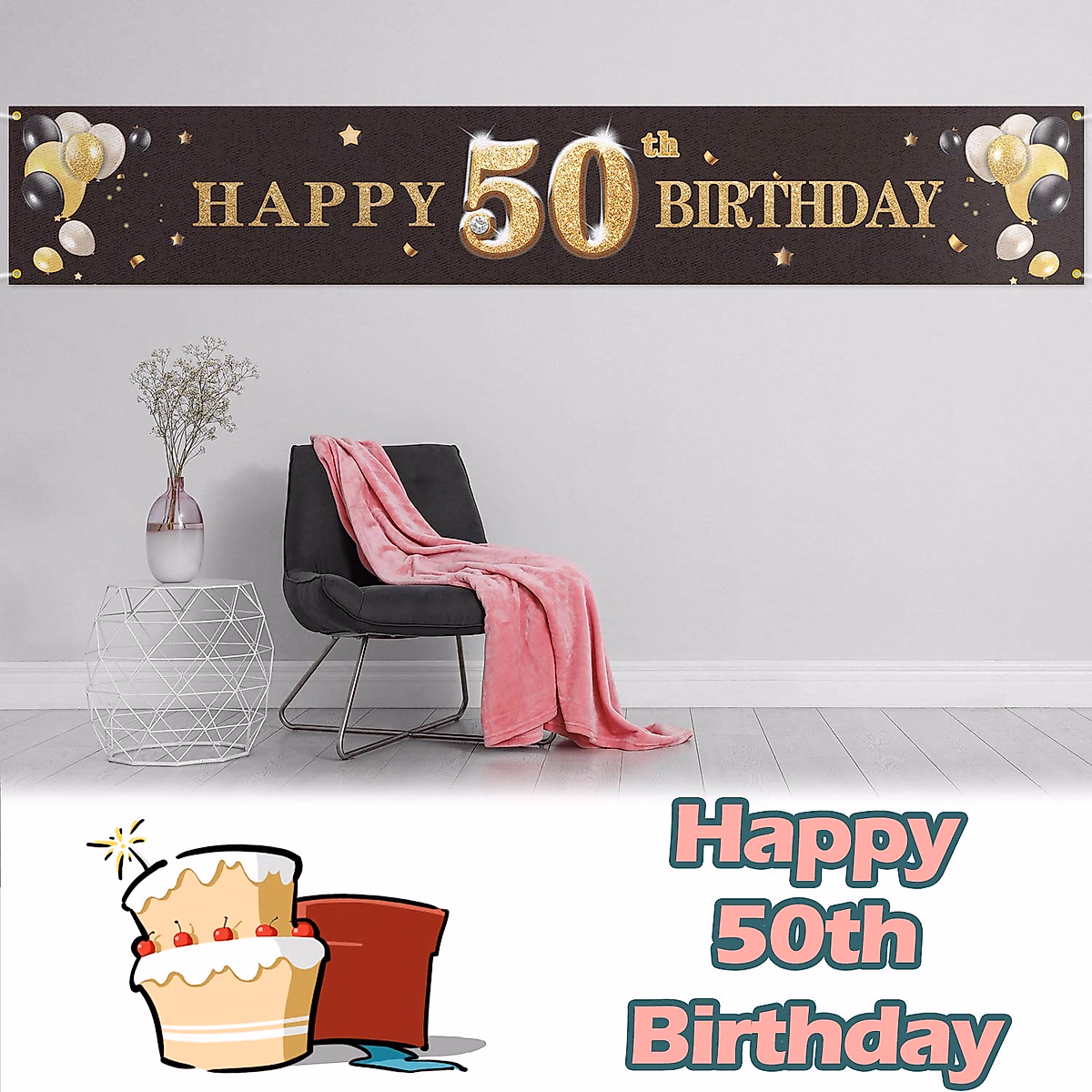 PAKBOOM Happy 50th Birthday Backdrop Black Photo Background Banner Cheers to 50 Years Old Decorations Party Supplies