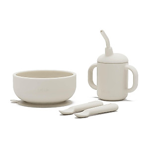 Lalo First Bites Silicone Baby Feeding Set - Baby Led Weaning Supplies - Non-Toxic Silicone - Includes 2 Spoons, Training Cup, & Suction Bowl - 4 Pieces - Oatmeal