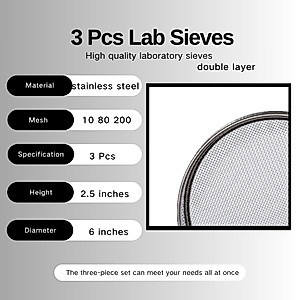3 Pcs Lab Sieves，6 Inch Diameter Test Sifter 10Mesh（2.19mm）、80Mesh（0.217mm）and 200 Mesh（0.077mm）