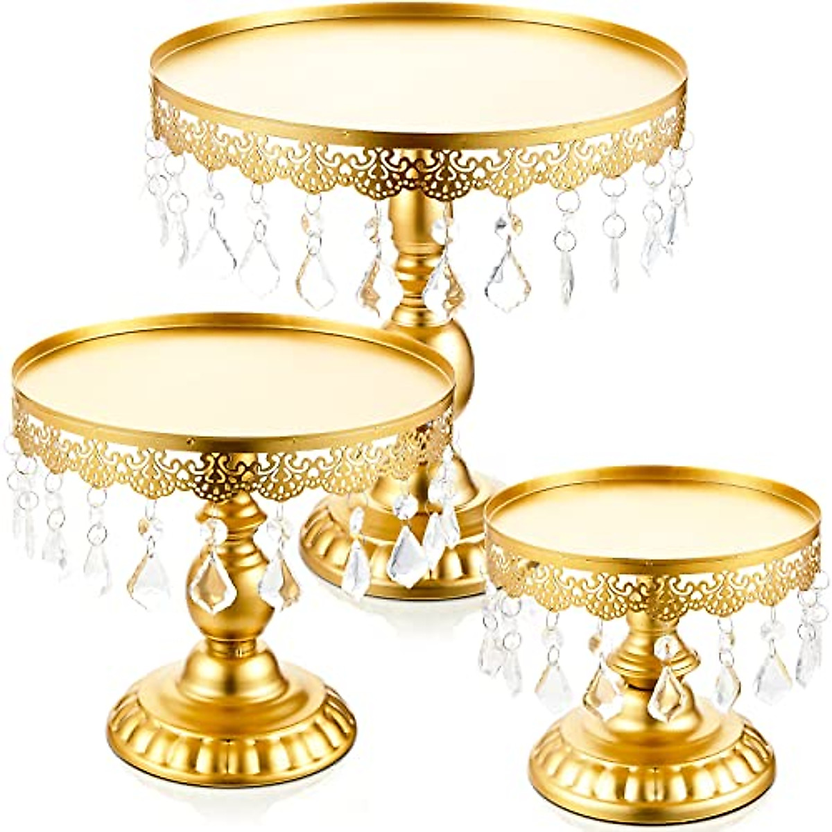 3 Pcs Rose Gold Cake Stand Set Round Cake Stand with Crystal Bling Pendants Dessert Table Display Set for Wedding Event Birthday Party Dessert Table (Gold)