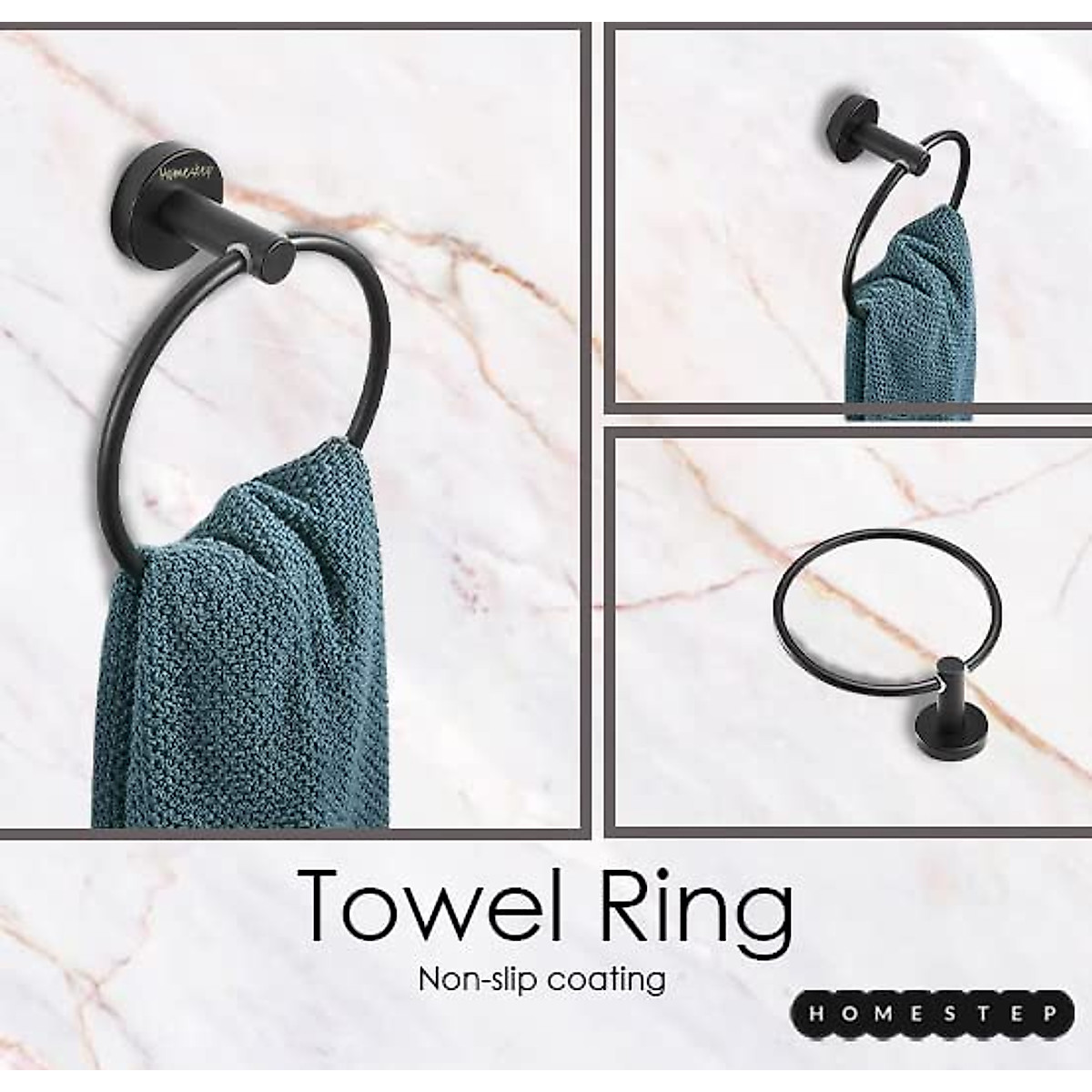 Homestep 5 pcs Bathroom Hardware Set, Stainless Steel Round Wall Mounted Include 20" Bath Towel Bar ,Toilet Paper Holder , Hand Towel Ring , 2 Towel Robe Hooks ,Bathroom Accessories Kit (Matte Black)